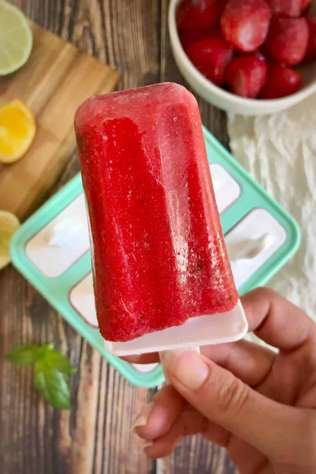 Sugar-Free Strawberry Citrus Popsicles with Basil – No Sweat Vegan