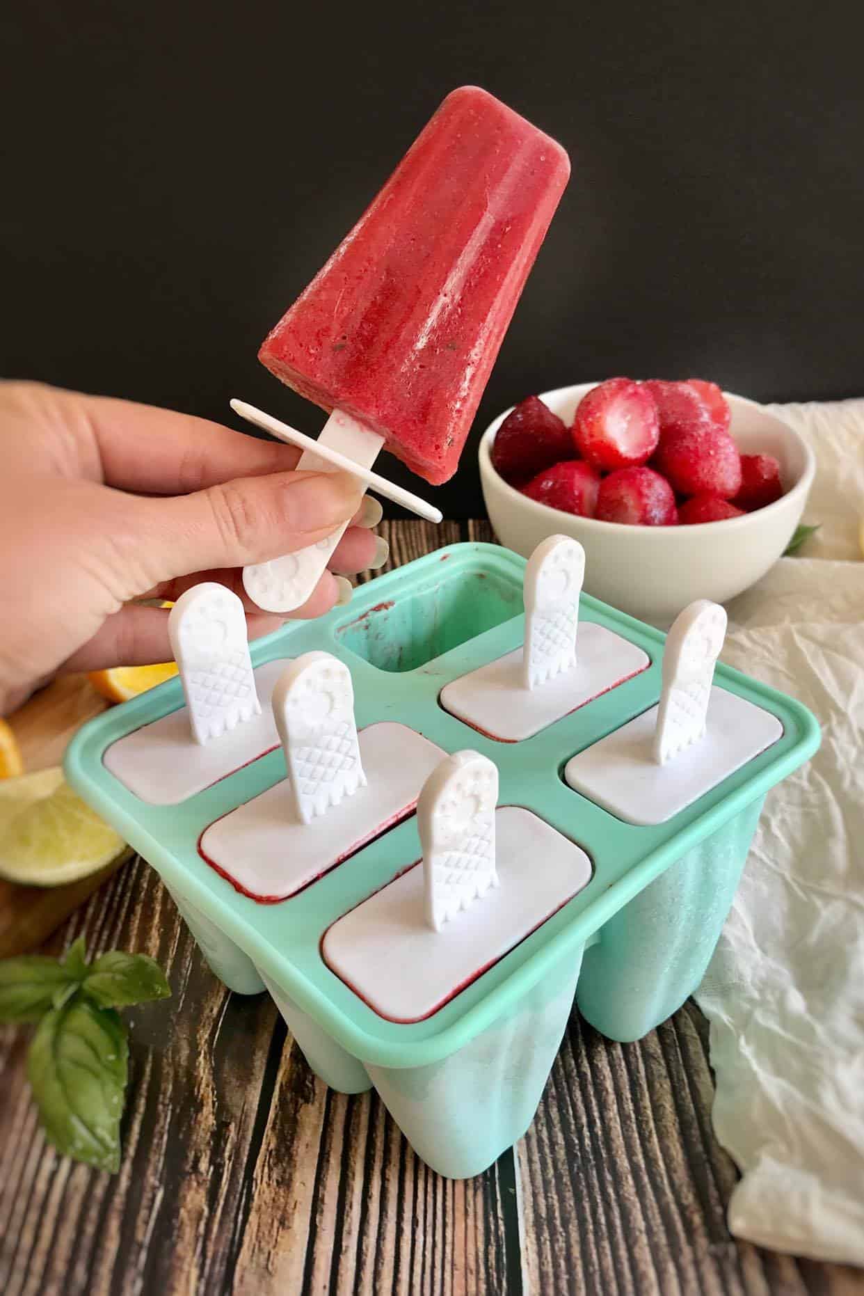 Sugar-Free Strawberry Citrus Popsicles with Basil – No Sweat Vegan