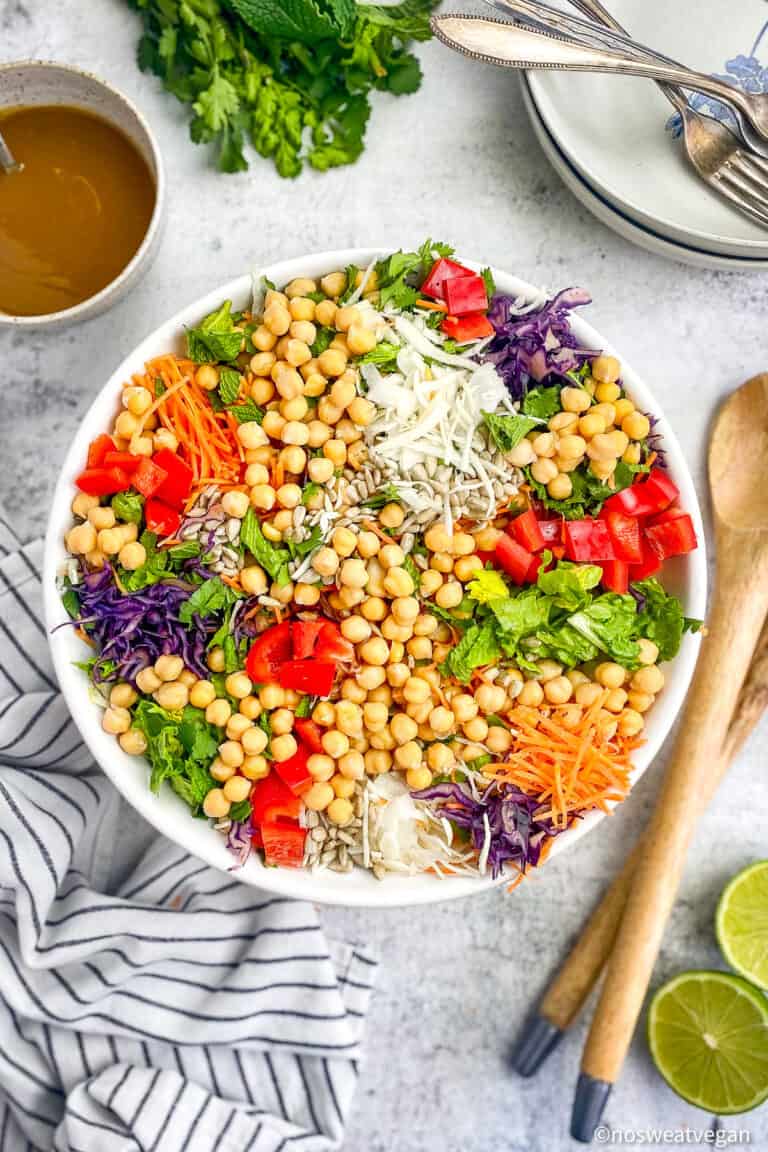 Rainbow Chickpea Salad with Tahini Ginger Dressing – No Sweat Vegan