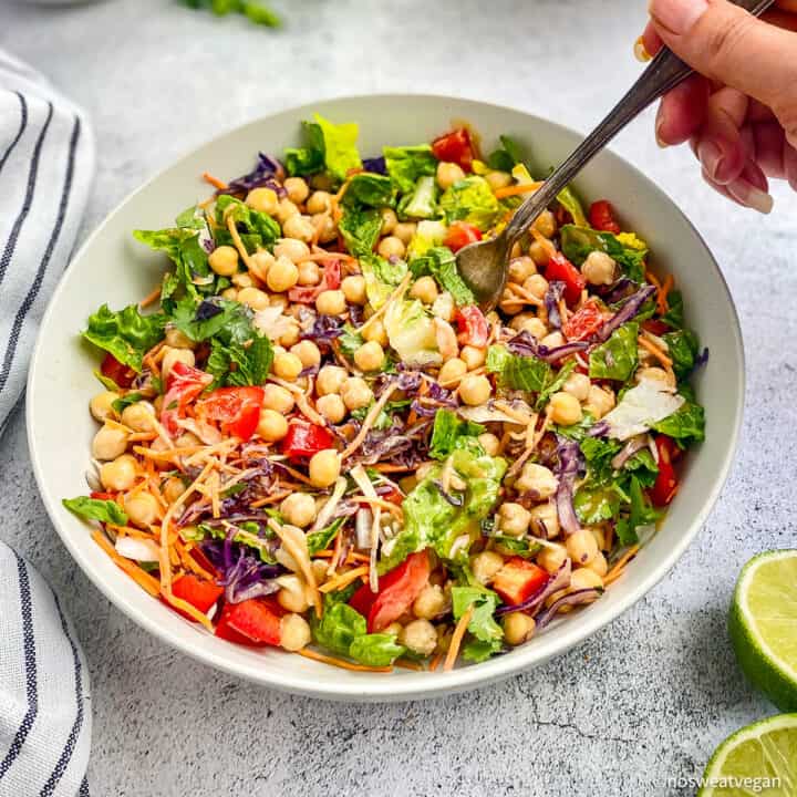 Rainbow Chickpea Salad with Tahini Ginger Dressing – No Sweat Vegan